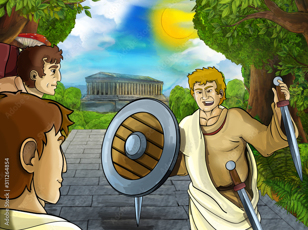 cartoon scene with roman or greek ancient character near some ancient ...