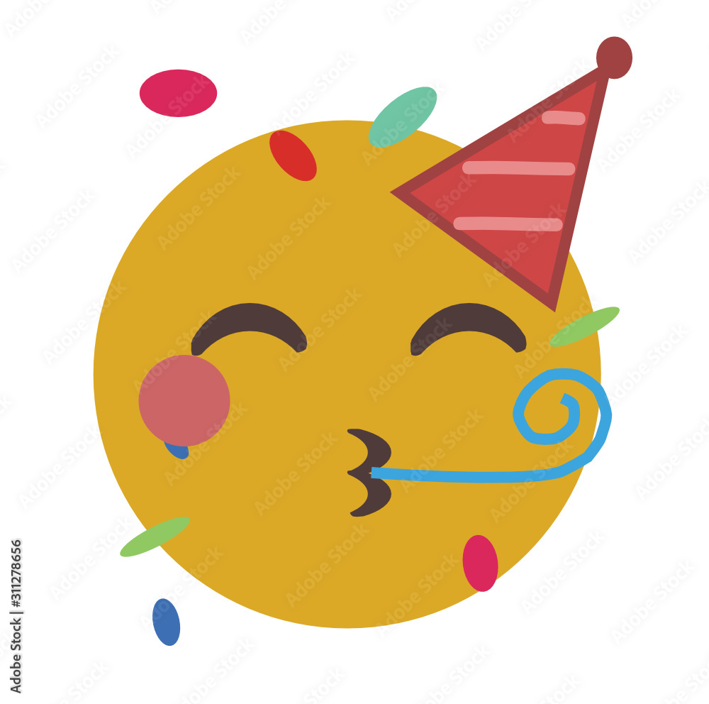 Party emoji celebrating birthday in a red hat and confetti flying ...