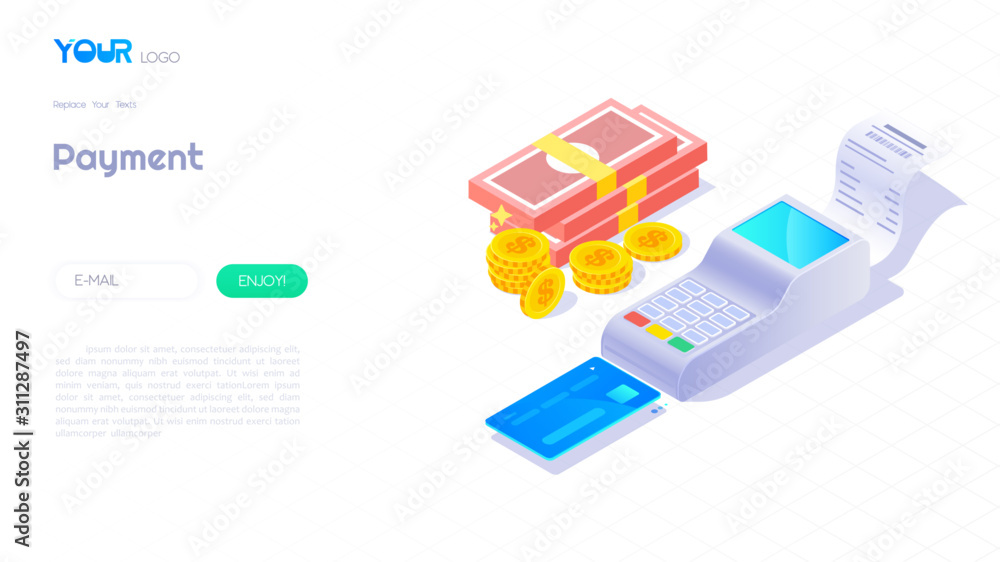 Terminal payment isometric concept, credit card, money and coins on white background Stock ...