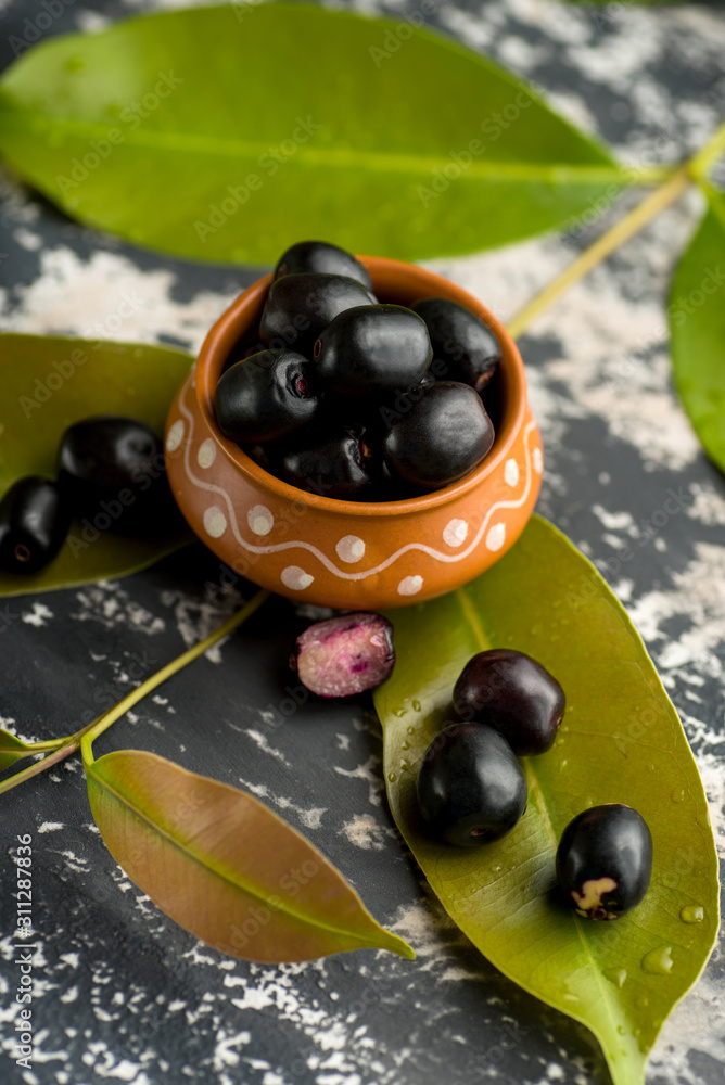 Jambolan plum or jambul or Jamun fruit, Java plum (Syzygium cumini ...
