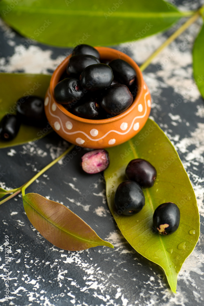 Jambolan plum or jambul or Jamun fruit, Java plum (Syzygium cumini ...