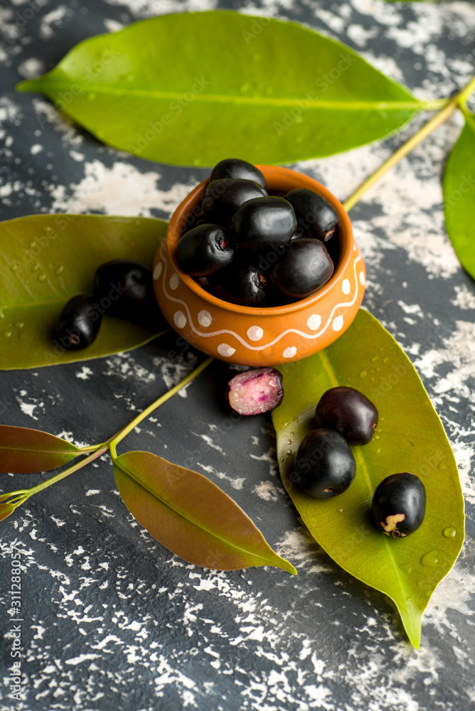 Jambolan plum or jambul or Jamun fruit, Java plum (Syzygium cumini ...