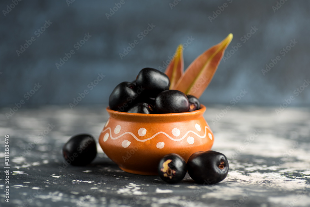 Jambolan plum or jambul or Jamun fruit, Java plum (Syzygium cumini ...