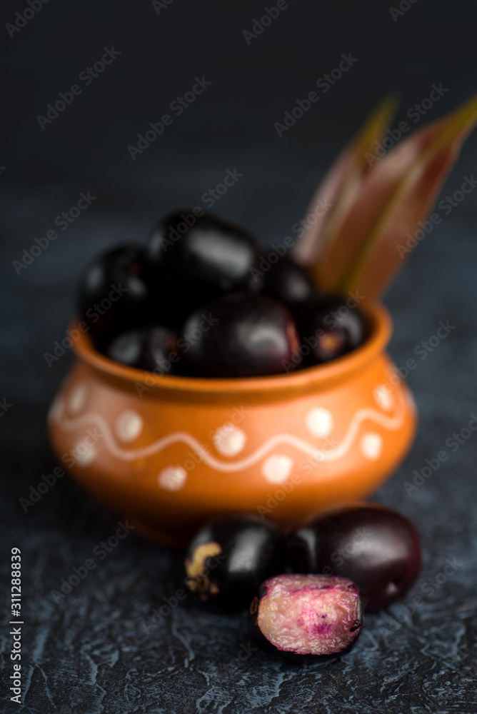 Jambolan plum or jambul or Jamun fruit, Java plum (Syzygium cumini ...