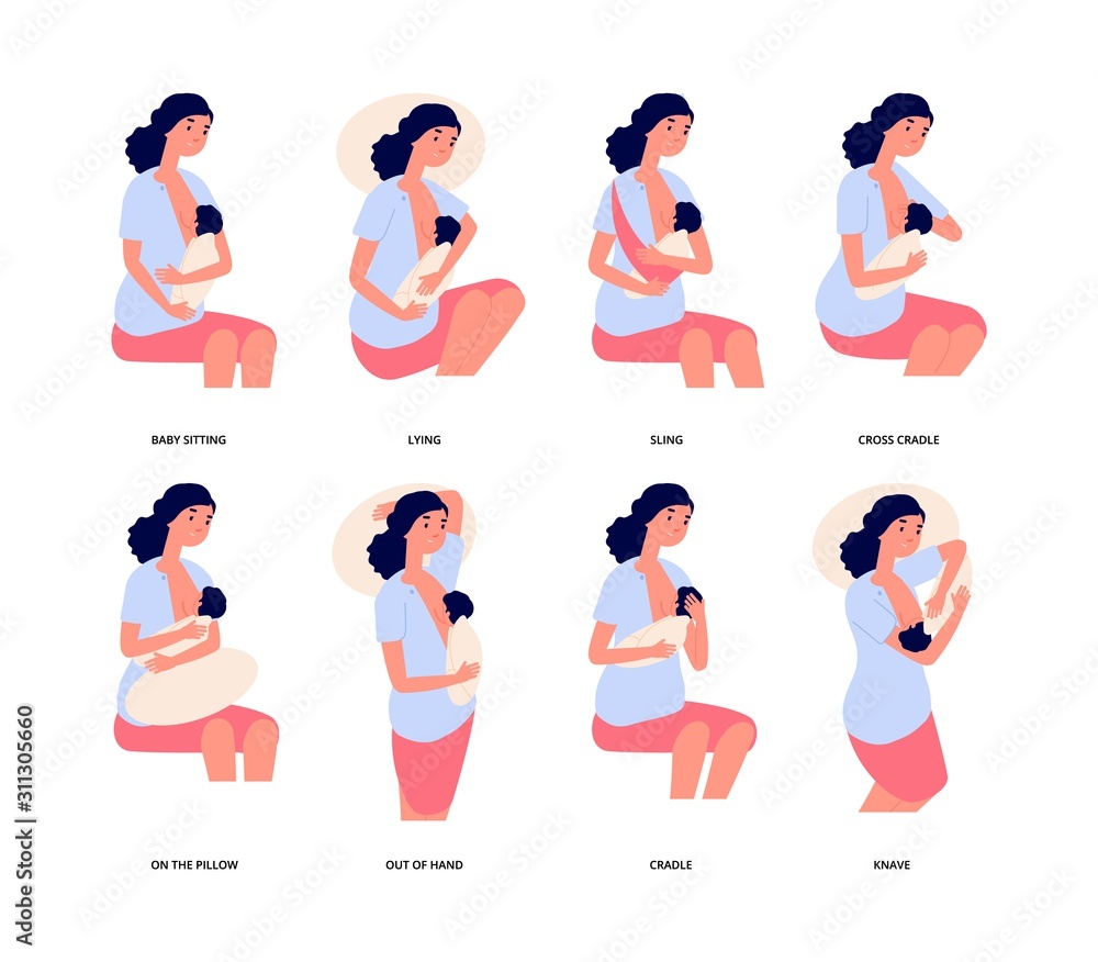 Breastfeeding. Breast feed position, cute young woman holds baby and ...