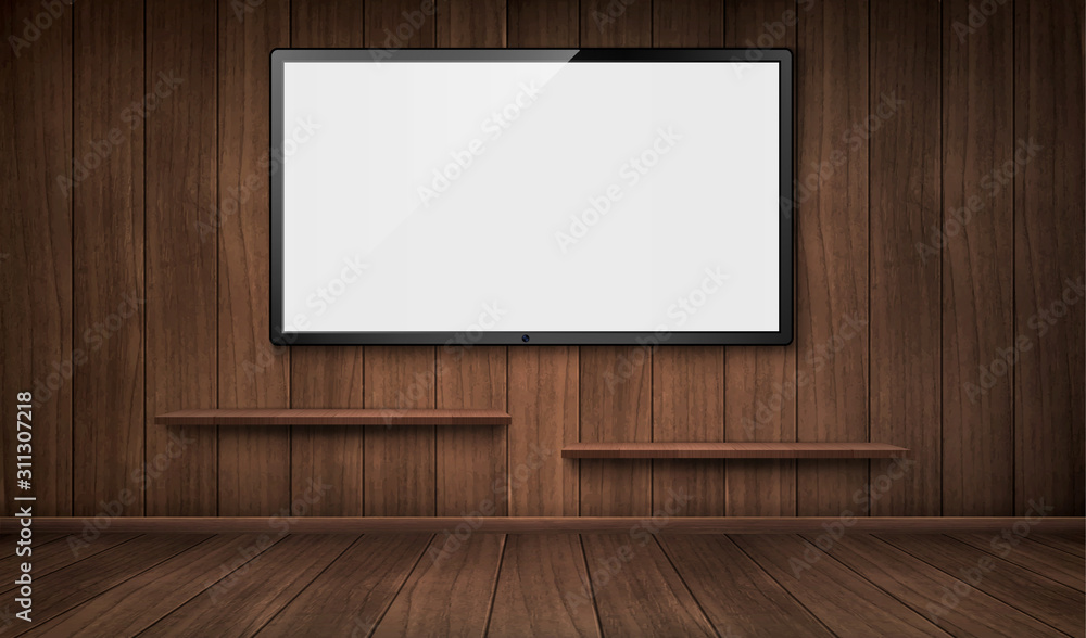 Empty wooden room with wide tv screen and bookshelves. Vector realistic ...