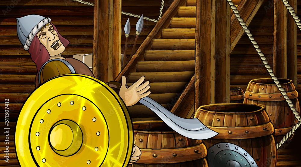 cartoon scene with roman or greek ancient character inside wooden ship ...