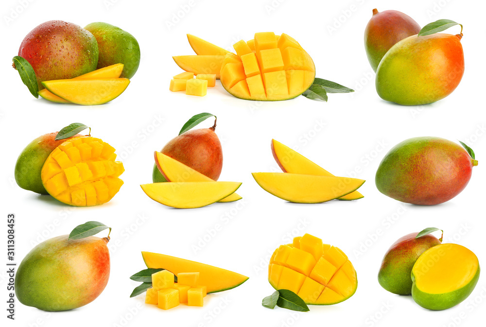 Collage with tasty mango fruit on white background Stock Photo | Adobe ...