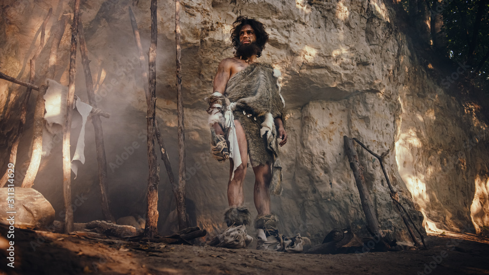 Primeval Caveman Wearing Animal Skin Holds Stone Tipped Hammer Looks ...