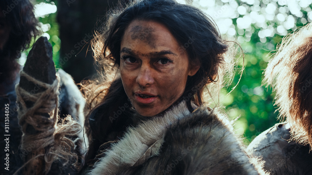 Portrait of Female Primeval Cavemen Leader and Warrior Threat Enemy ...