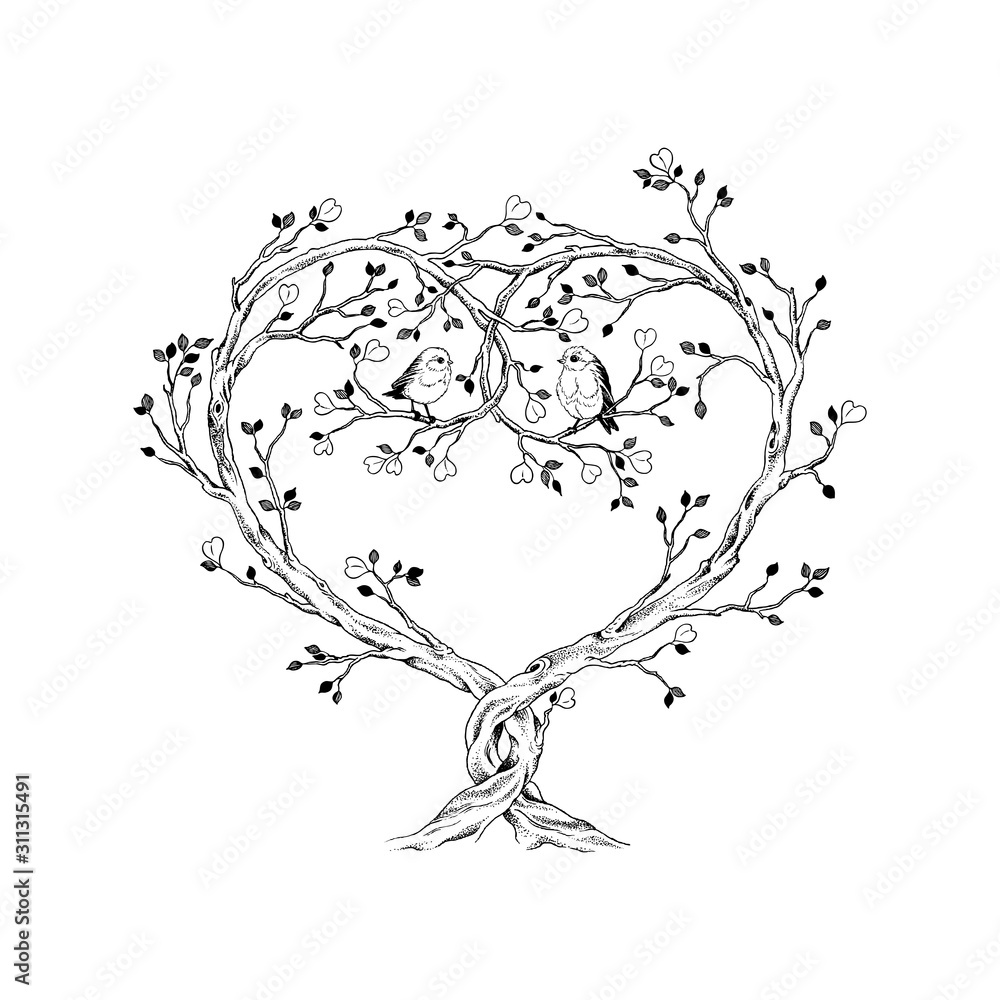 Trees intertwined in heart shape with birds, hand drawn illustration in ...