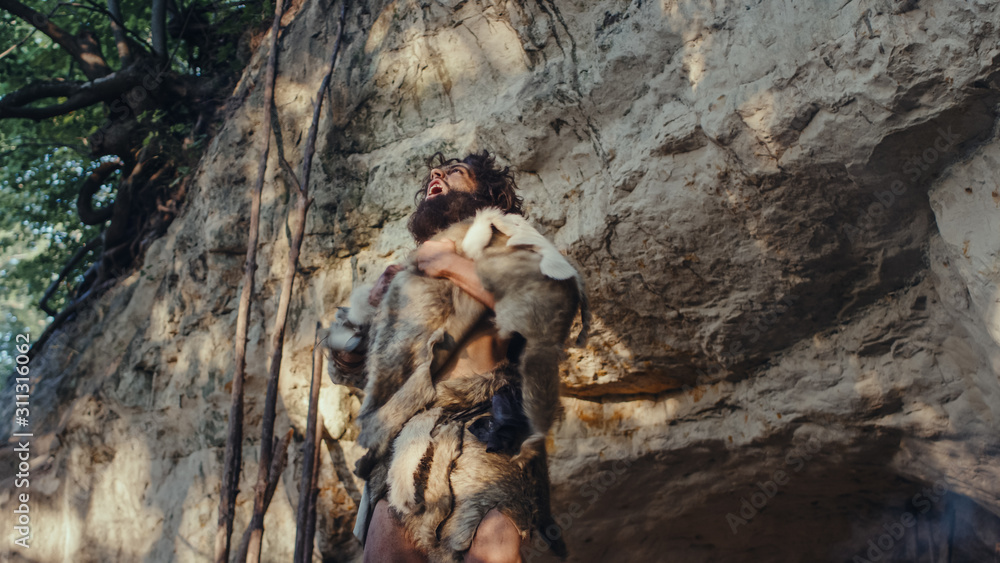 Portrait of Primeval Caveman Wearing Animal Skin Does Aggressive Chest ...
