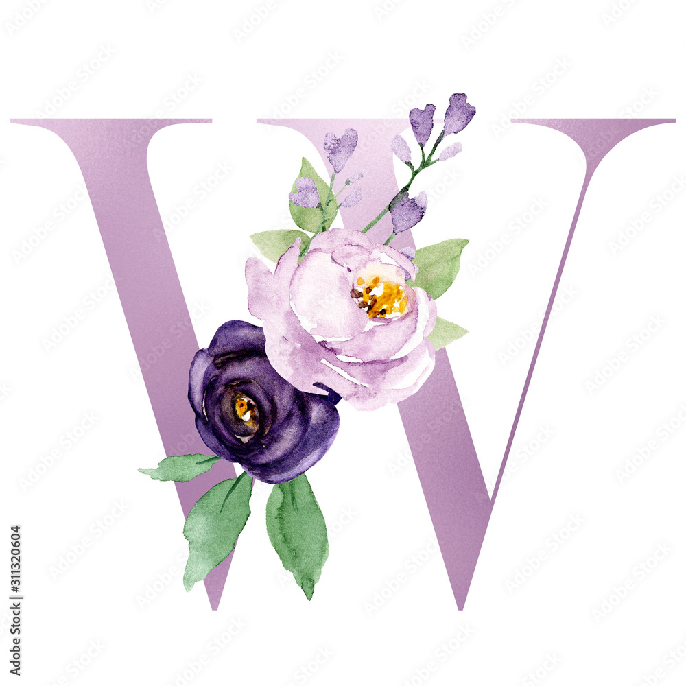 Floral alphabet, letter w with watercolor violet flowers and leaf ...