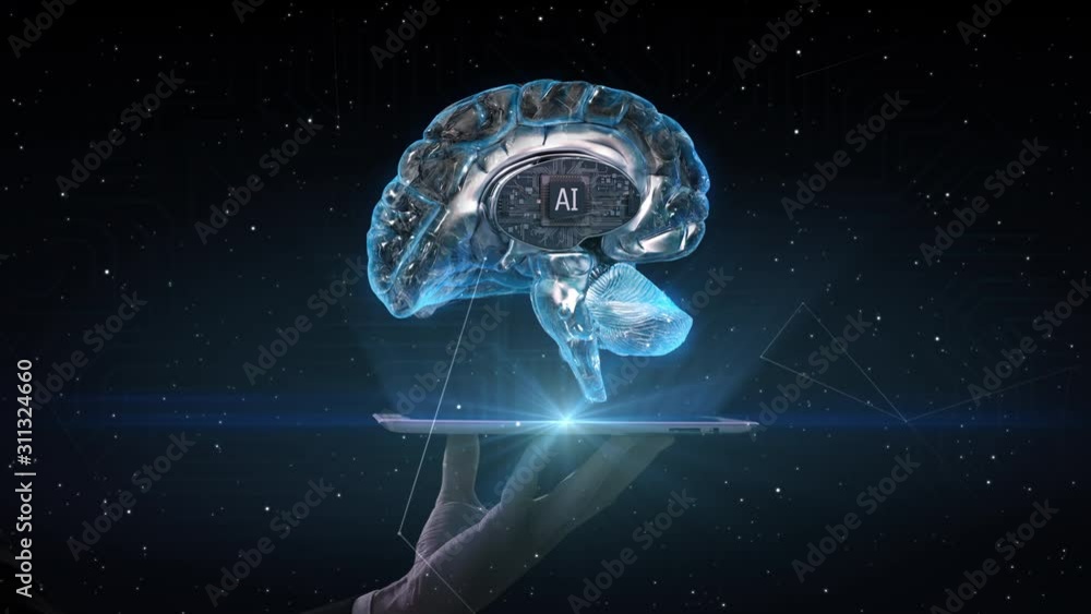 Lifting smartpad, tablet, The AI CPU brain appears in the center ...