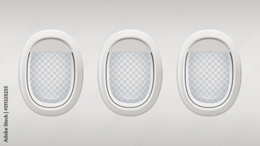 Airplane windows. Inside realistic plane windows vector template ...
