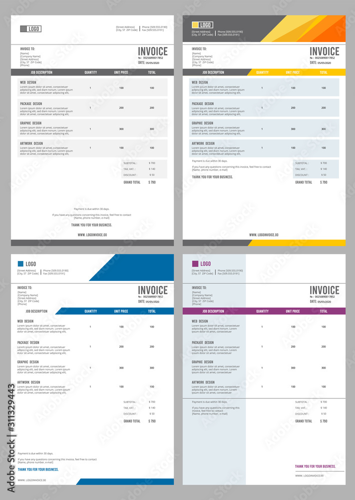 Invoice. Bills service money agreement vector print template with place ...