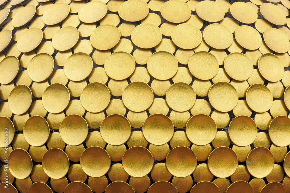 Outer casing made of golden circle plates of Matrimandir in Auroville ...