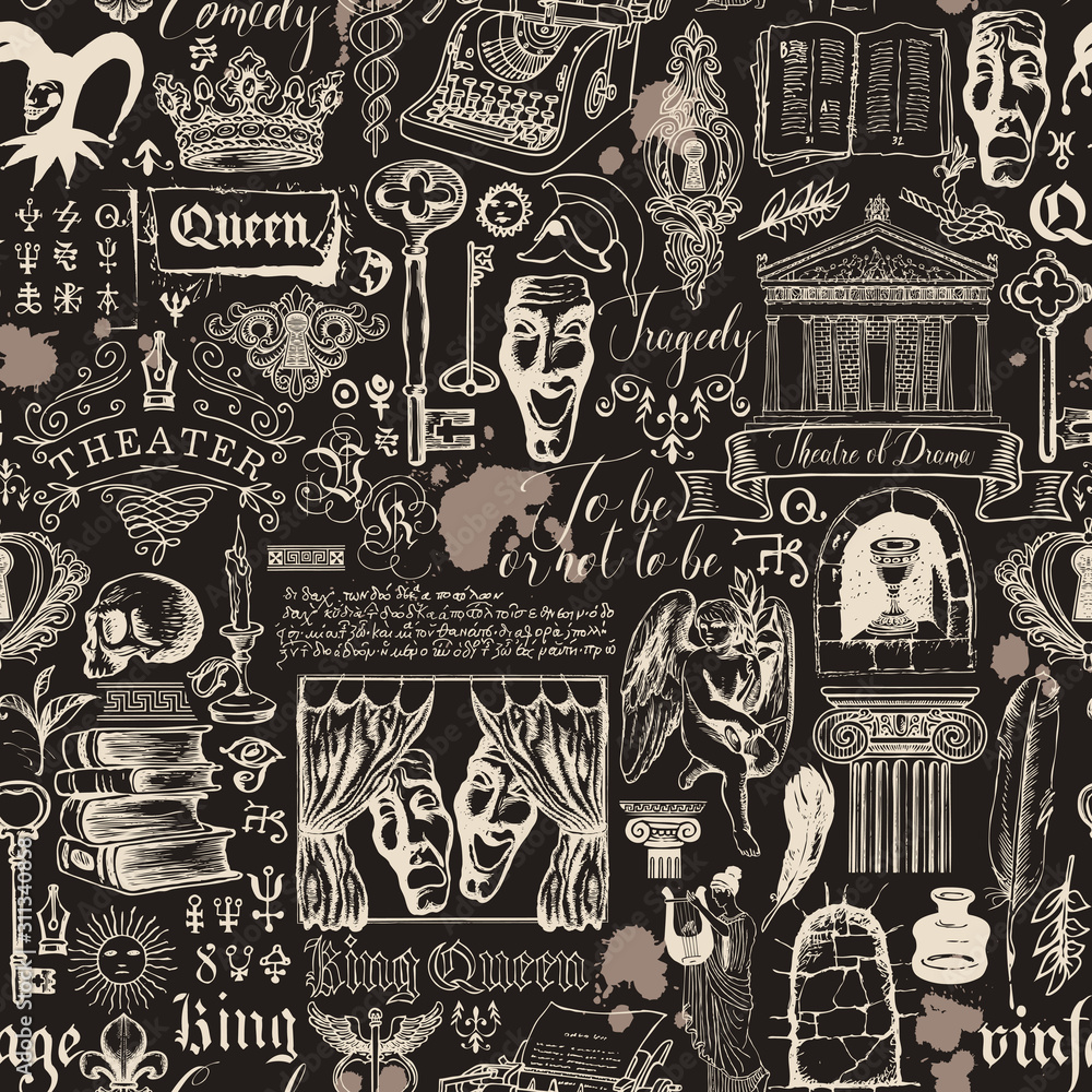 Vector seamless pattern on the theme of theater and drama with hand ...