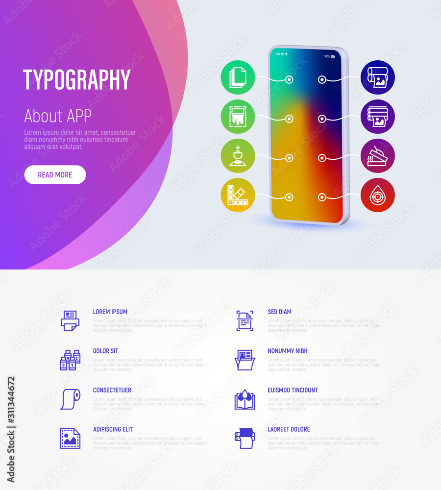 Typography, polygraphy infographics with thin line icons around smartphone and place for text ...