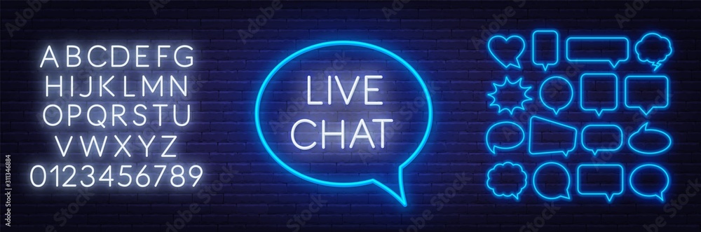 Live chat neon sign on the wall background. Set of neon speech bubbles ...