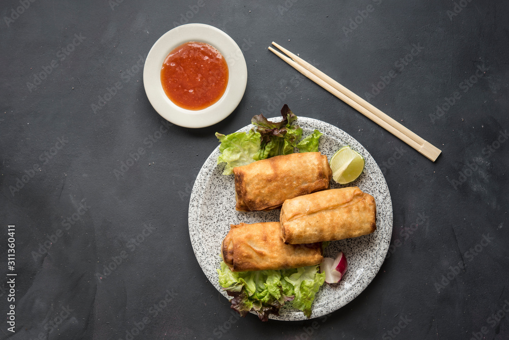Fried chinese spring rolls with sweet chili sauce Stock Photo | Adobe Stock