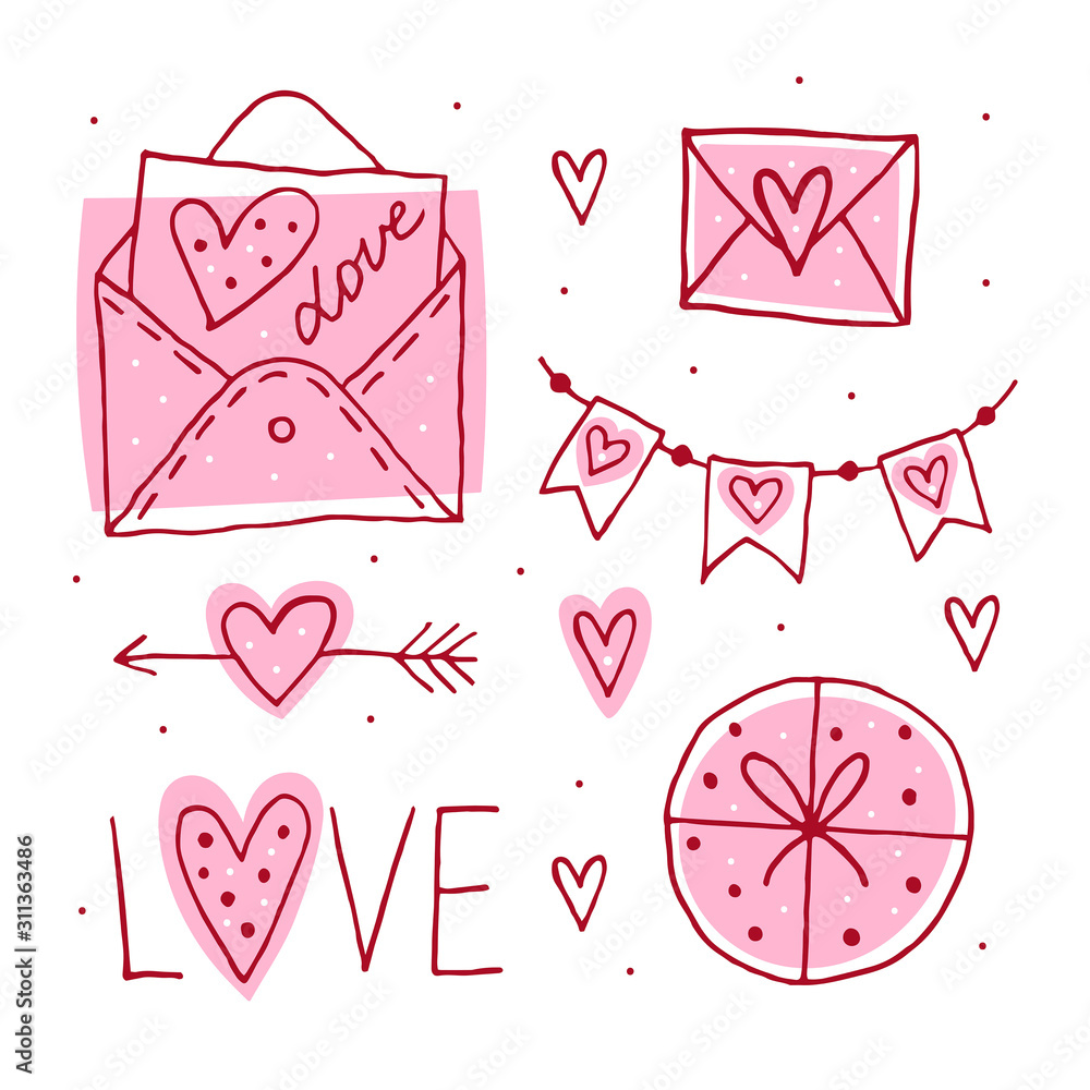 St.Valentine`s Day doodle set of elements, clipart, stickers. Love kiss ...
