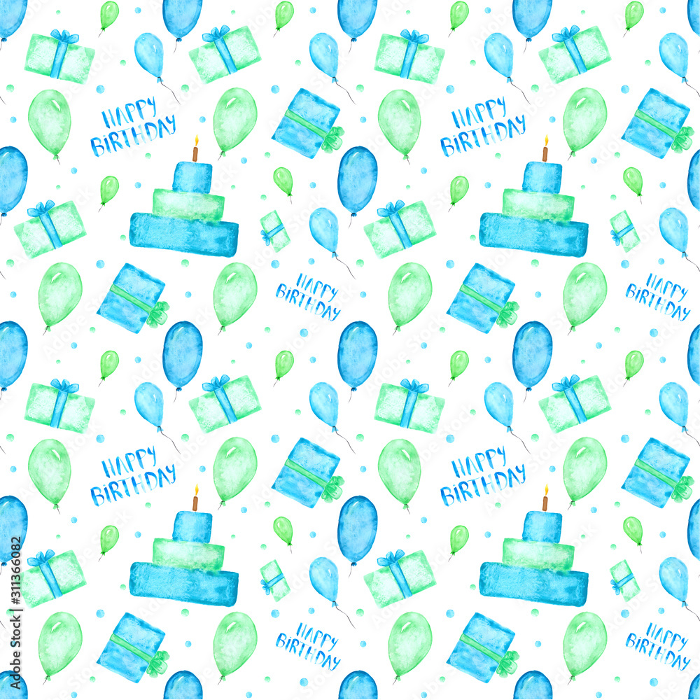 Blue and green watercolor birthday seamless pattern with balloons, cake ...