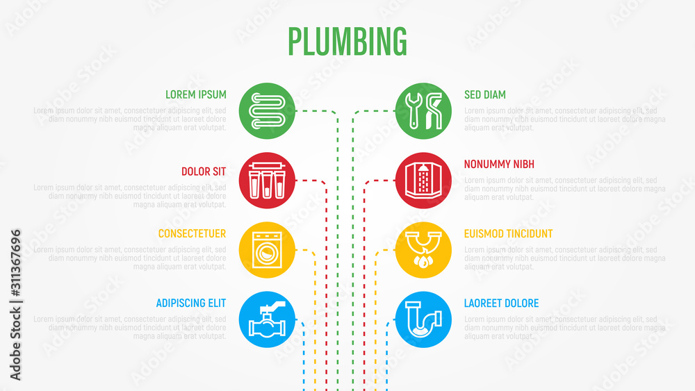 Plumbing infographics with thin line icons in circles. Data ...