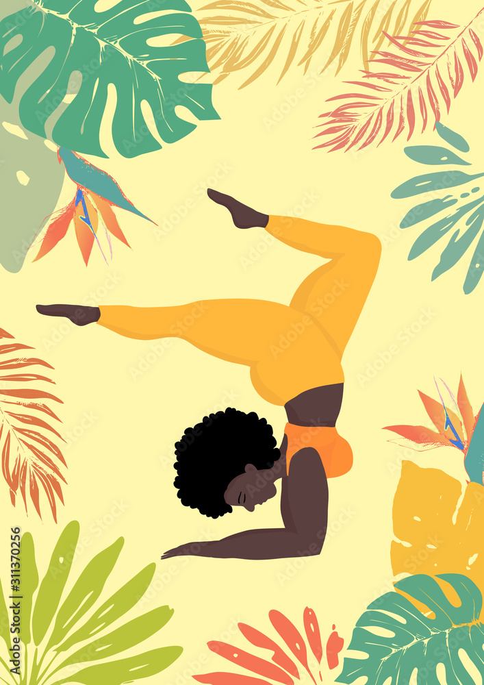 Vector illustration with happy african an oversized woman in yoga ...