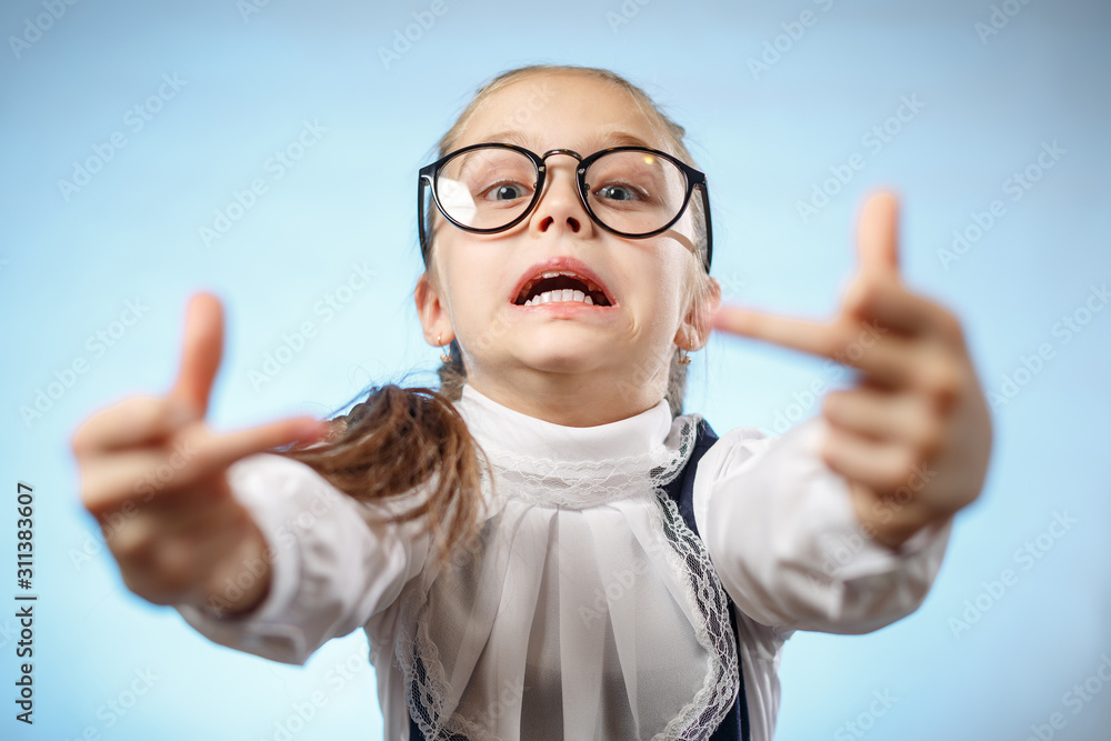 School Girl In Glasses Showing Middle Finger. An insulting gesture. A ...