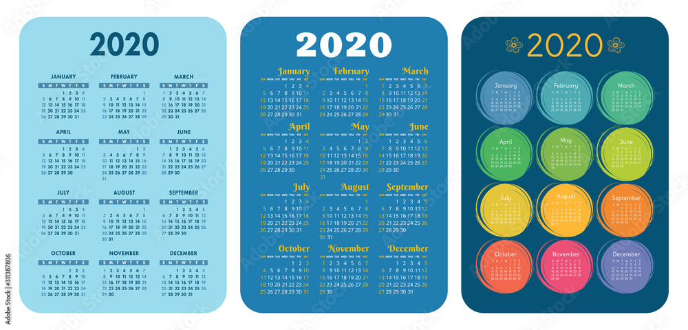 2020 new year. Pocket calendar set. Vector design collection. Color ...