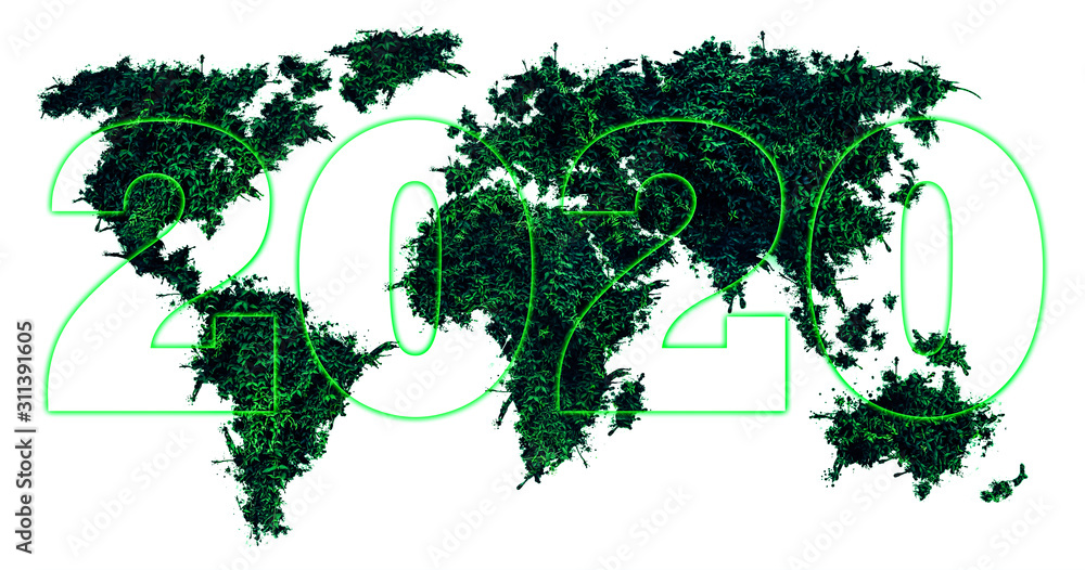 World map from the green grass. 2020 year Ecological trends ...