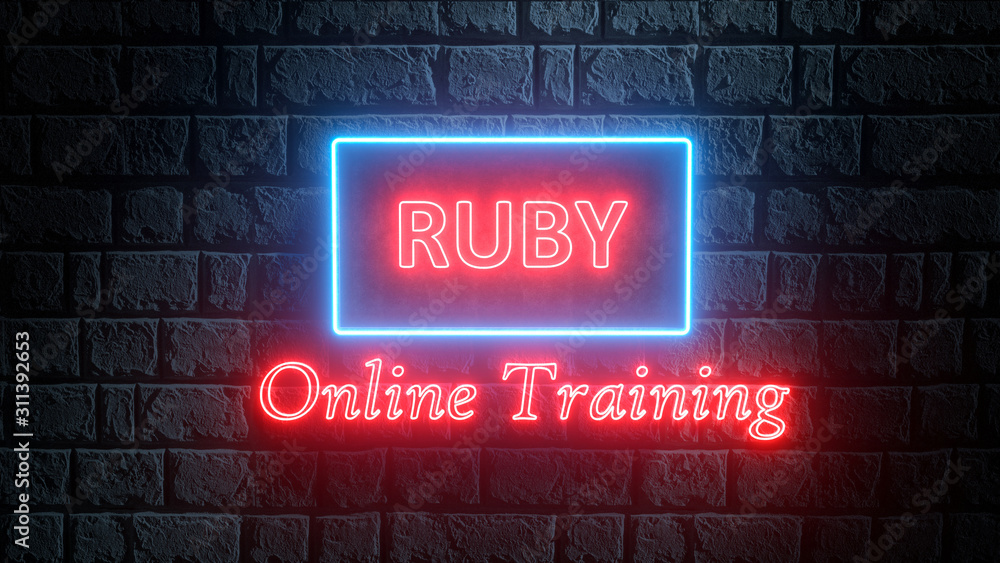 3d rendering of neon banner Ruby Online Training on brick wall. Concept of Ruby programming ...