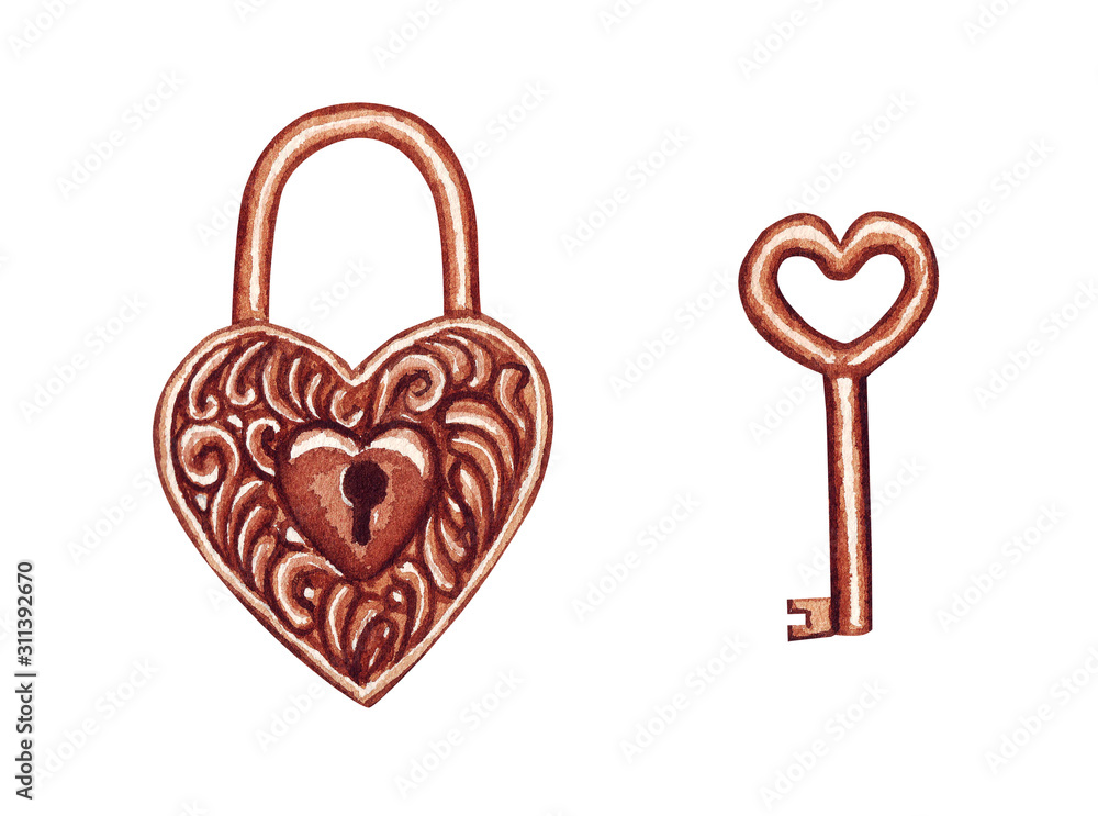 Watercolor illustration on Valentines day vintage lock and key isolated ...