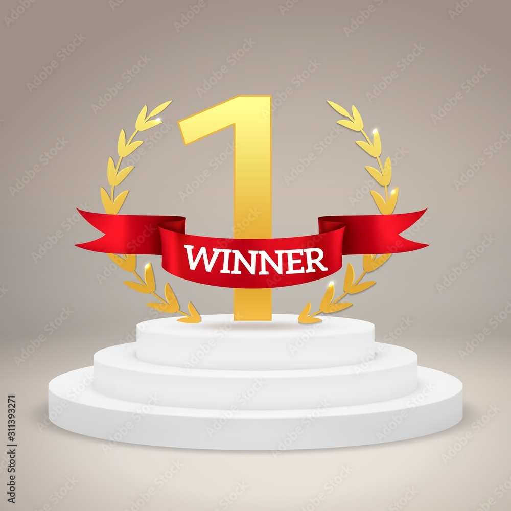 Winner award on victory pedestal. 1st place best trophy stands on ...