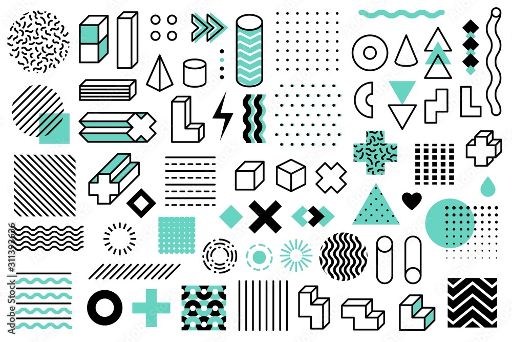 Geometric shapes. Graphic universal memphis style symbols. Lines circle ...