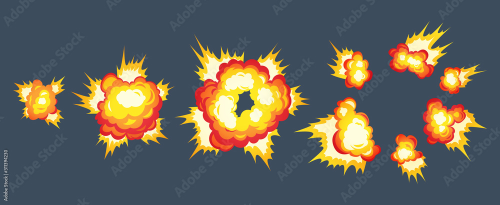 Naklejka Cartoon explosion fire effect. Effect boom, explode flash ...