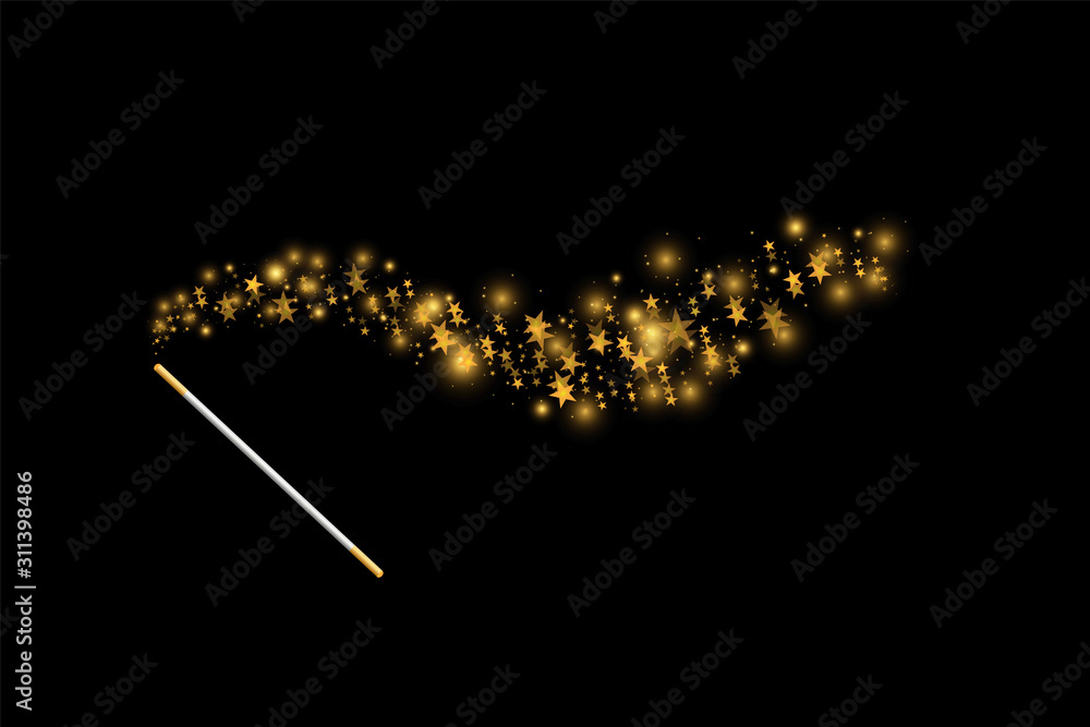 Magic wand with a stars with sparkle on black background. Trace of gold ...