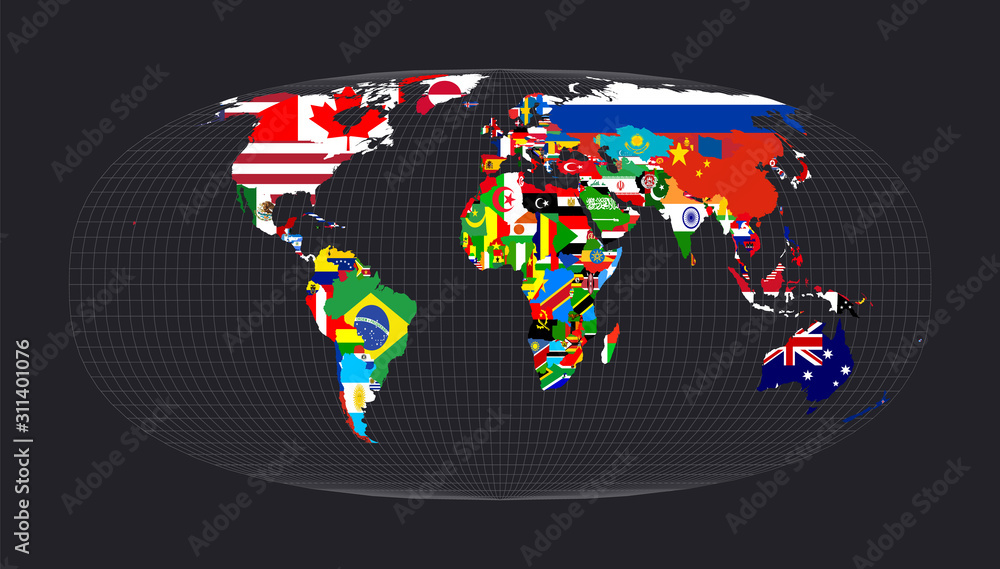 World Flag Map. Waldo R. Tobler's hyperelliptical projection. Map of ...