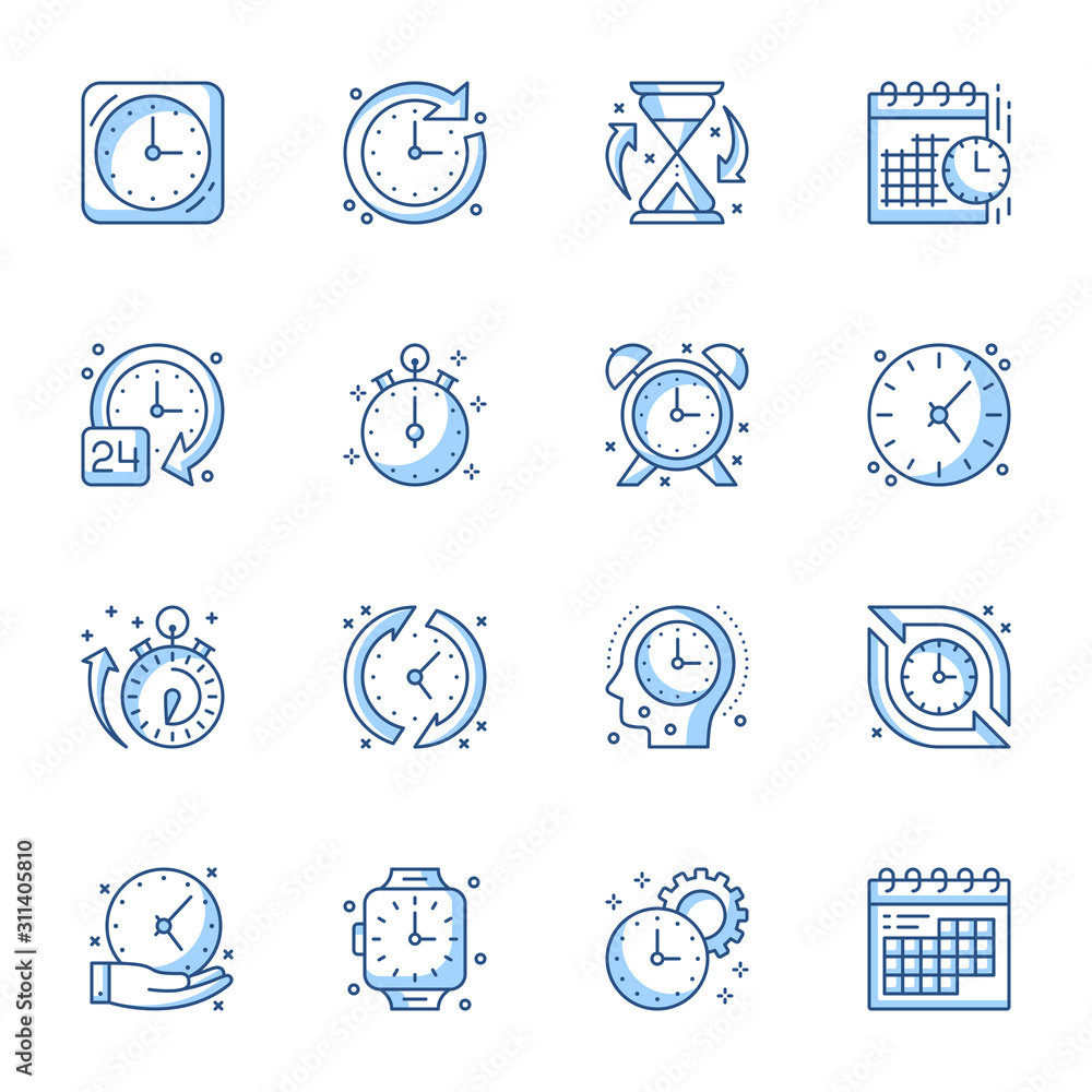 Time management linear icons set. Calendar, clock, hourglass contour ...