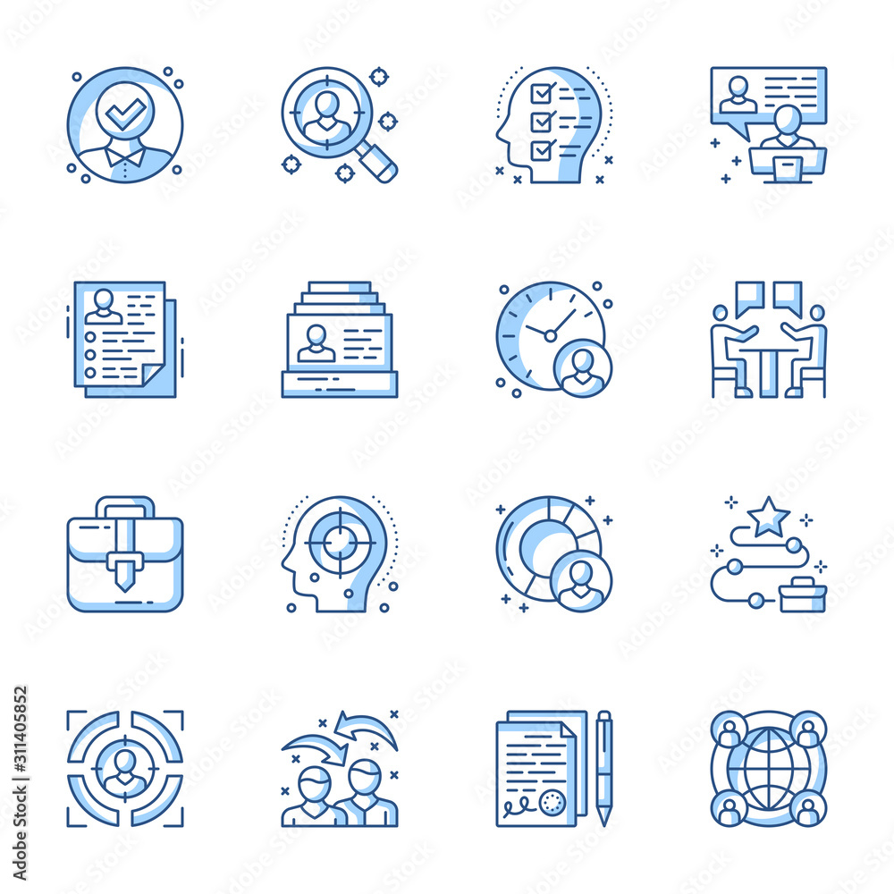 Recruitment, job interview linear icons set. Workforce, human resource ...