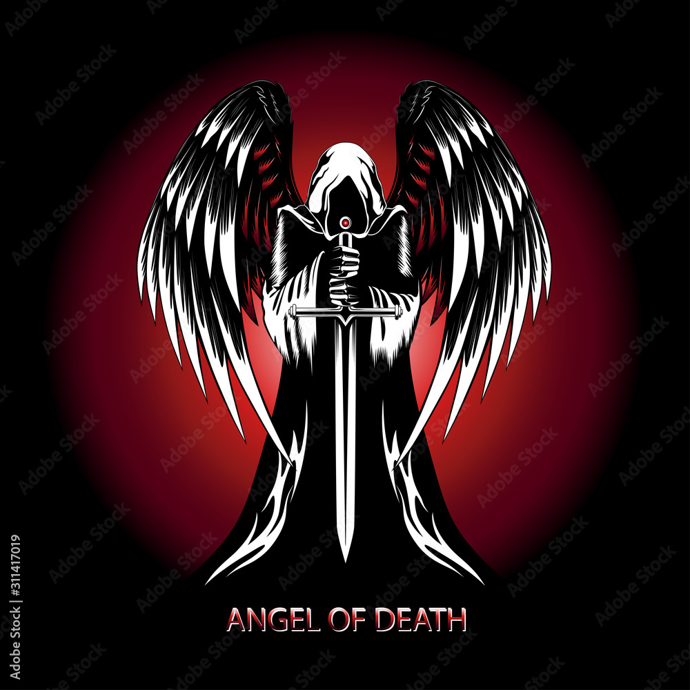 Vector image of an angel with a sword on a background of red sun. Stock ...