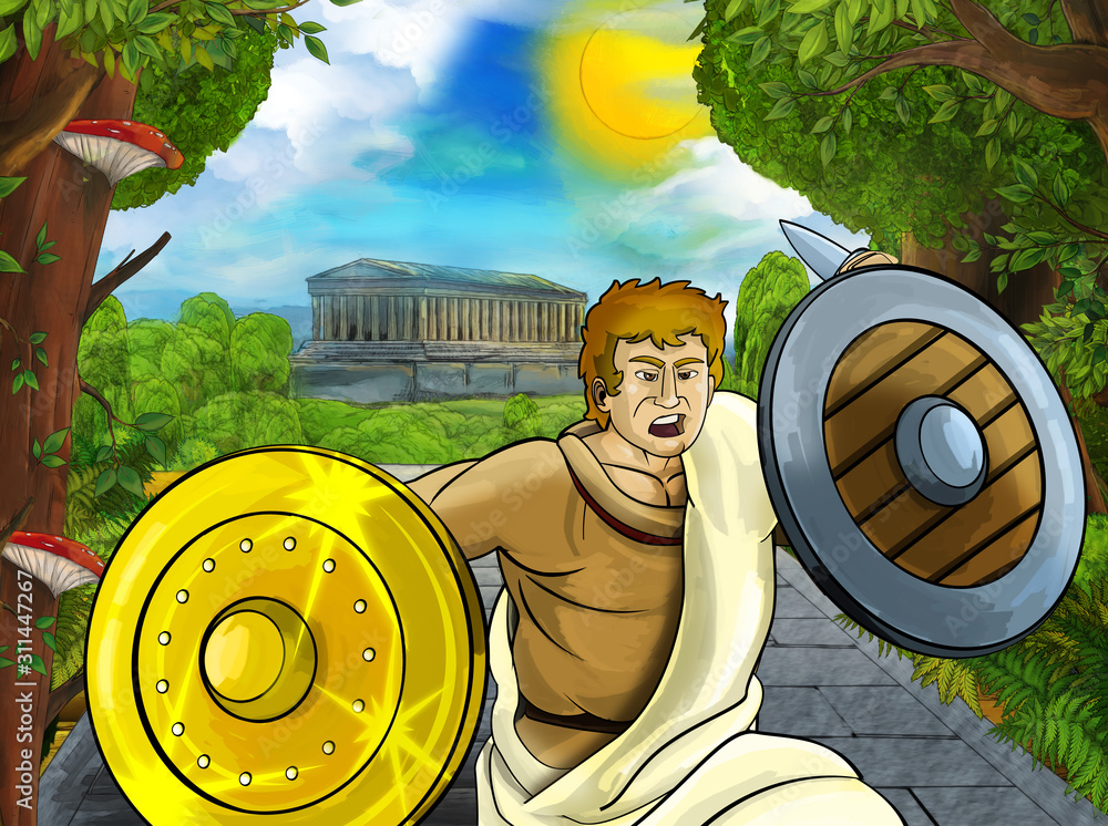 cartoon scene with roman or greek ancient character near some ancient ...