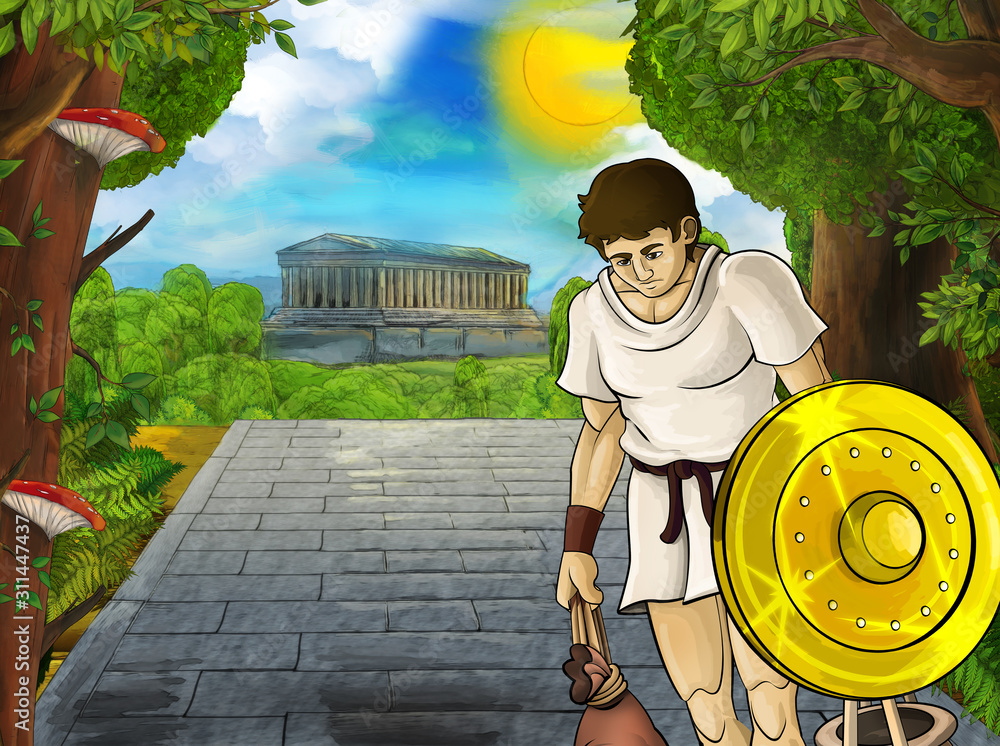 cartoon scene with roman or greek ancient character near some ancient ...