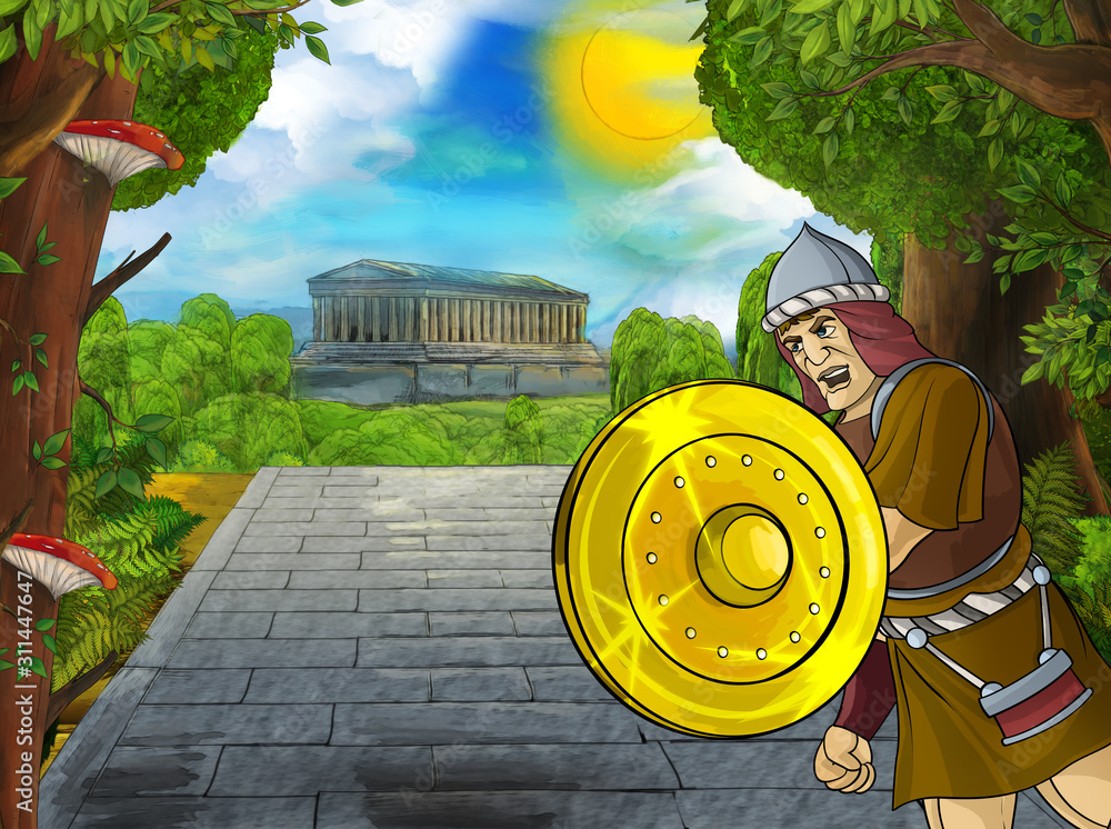 cartoon scene with roman or greek ancient character near some ancient ...