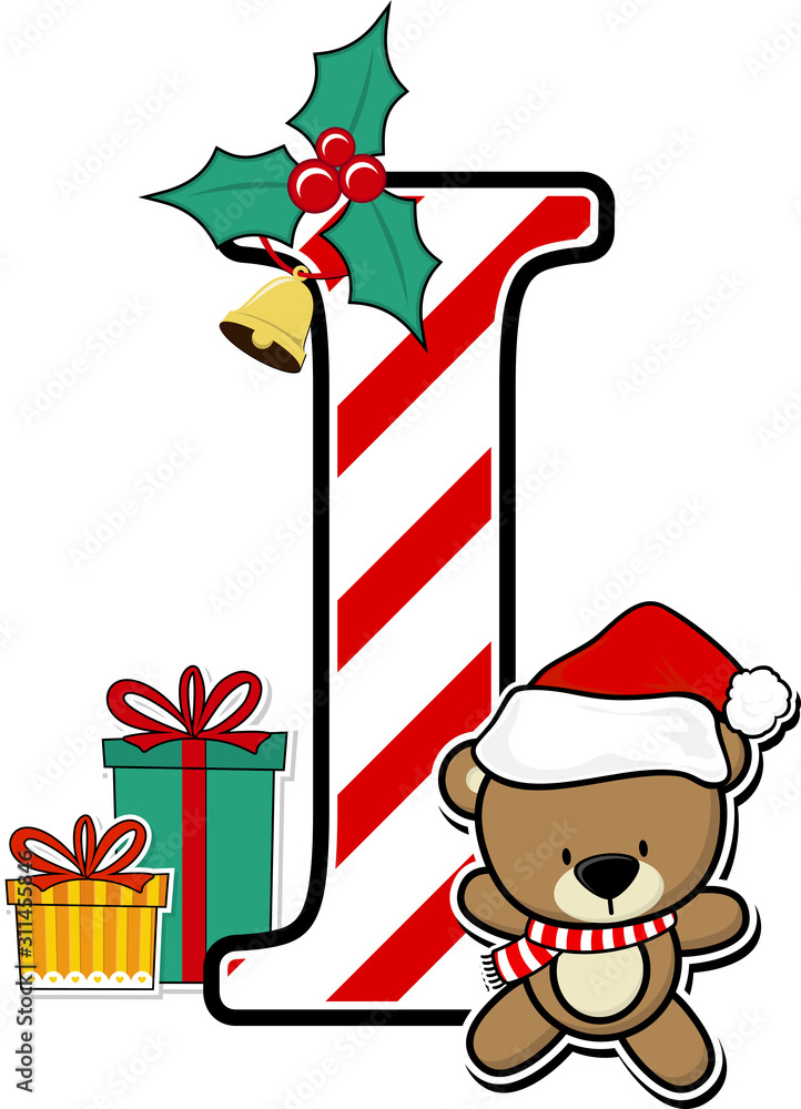 capital letter i with cute teddy bear and christmas design elements ...