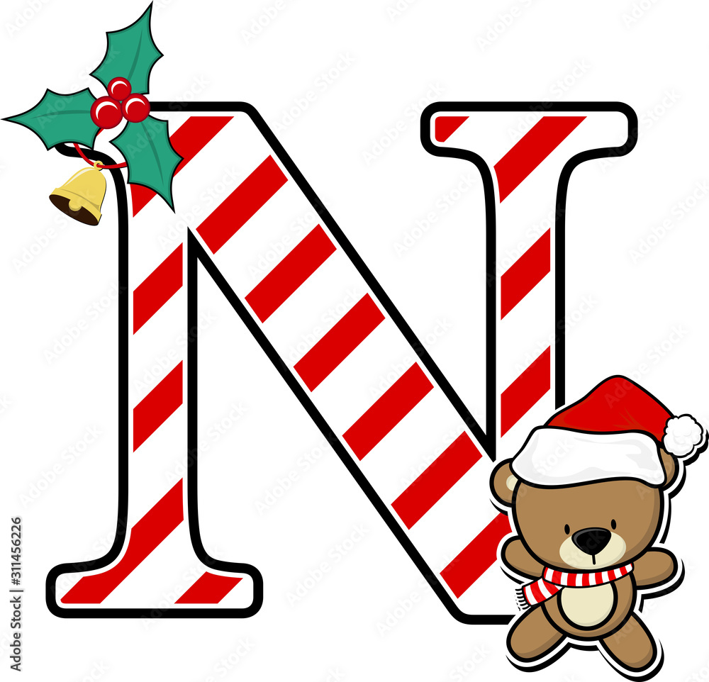 capital letter n with cute teddy bear and christmas design elements ...