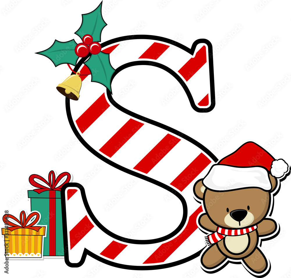 capital letter s with cute teddy bear and christmas design elements ...