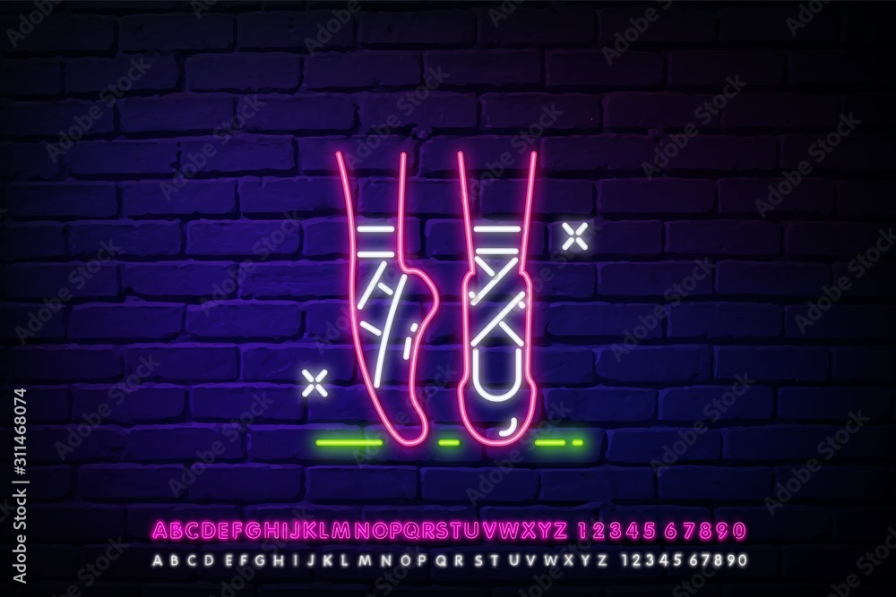 Ballet studio neon sign, woman legs wearing pointe ballet shoes. Dance ...