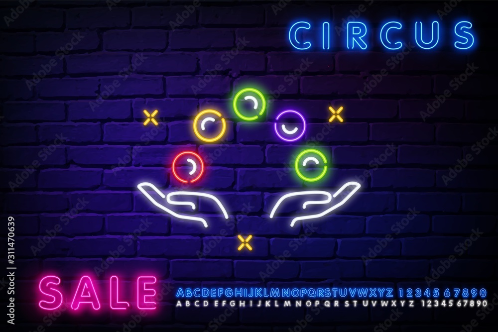 neon hands juggling colorful balls neon sign. Circus juggler performing ...